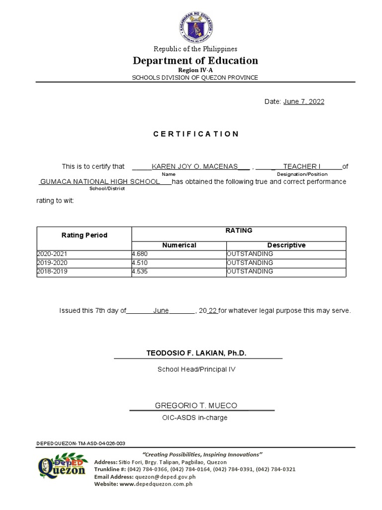 Cert of Ipcrf Summary | PDF