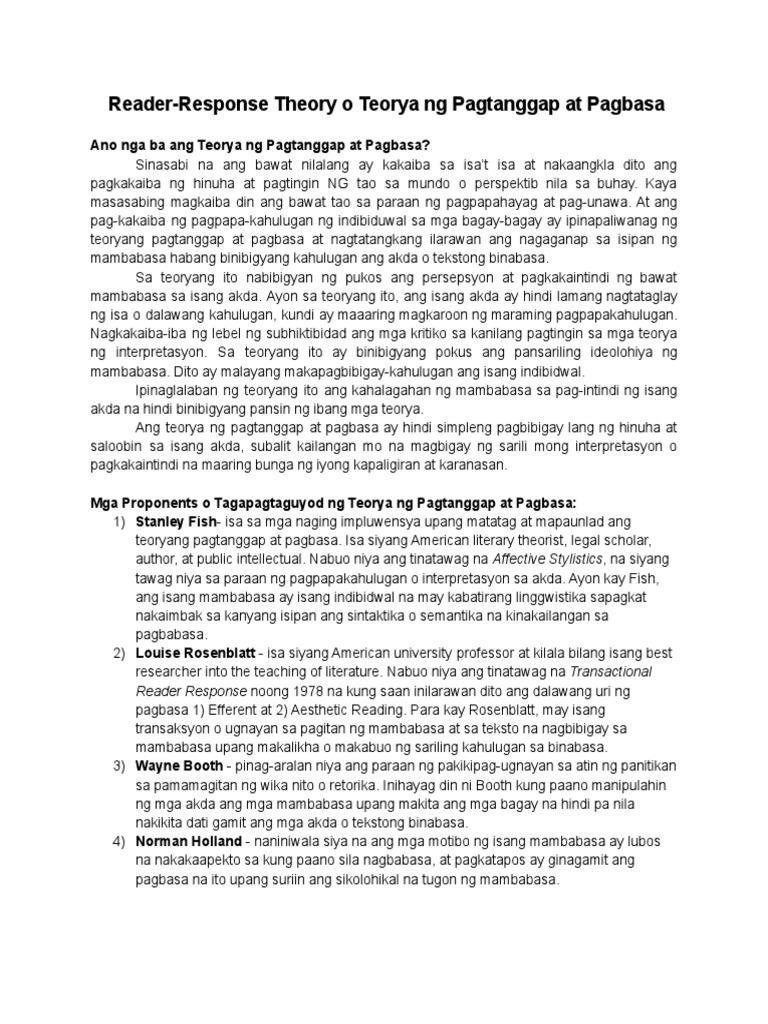 Reader-Response Theory o Teorya NG Pagtanggap at Pagbasa | PDF