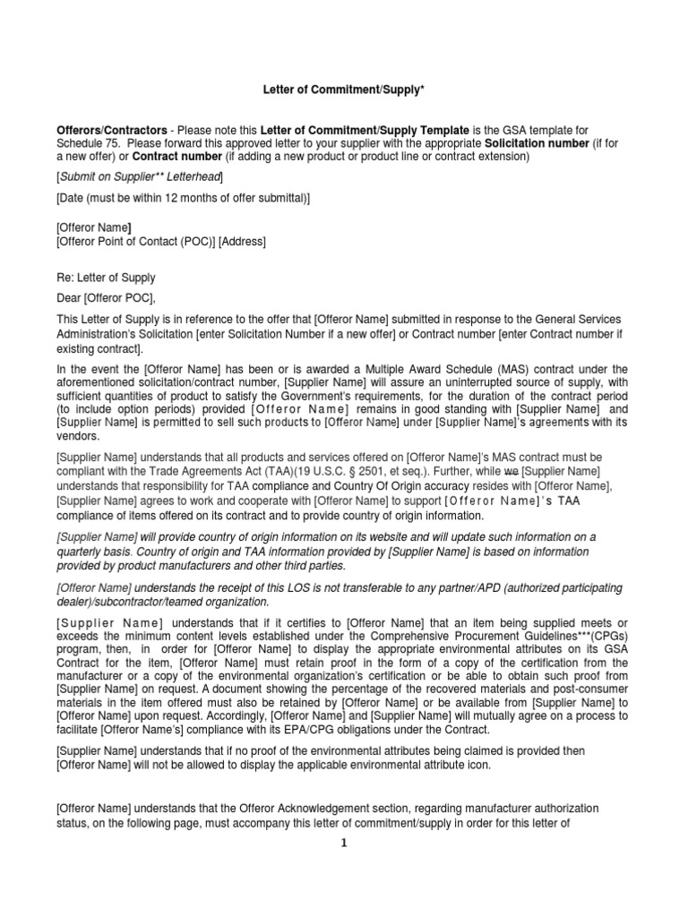 GSA Commitment/Supply Letter Template | PDF | Offer And Acceptance ...