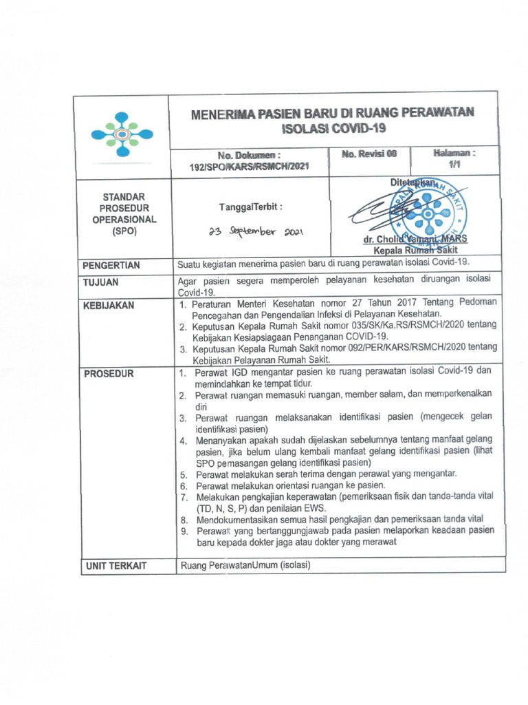 192 - Spo - Menerima Pasien Baru Di Ruang Perawatan Isolasi Covid-19 ...
