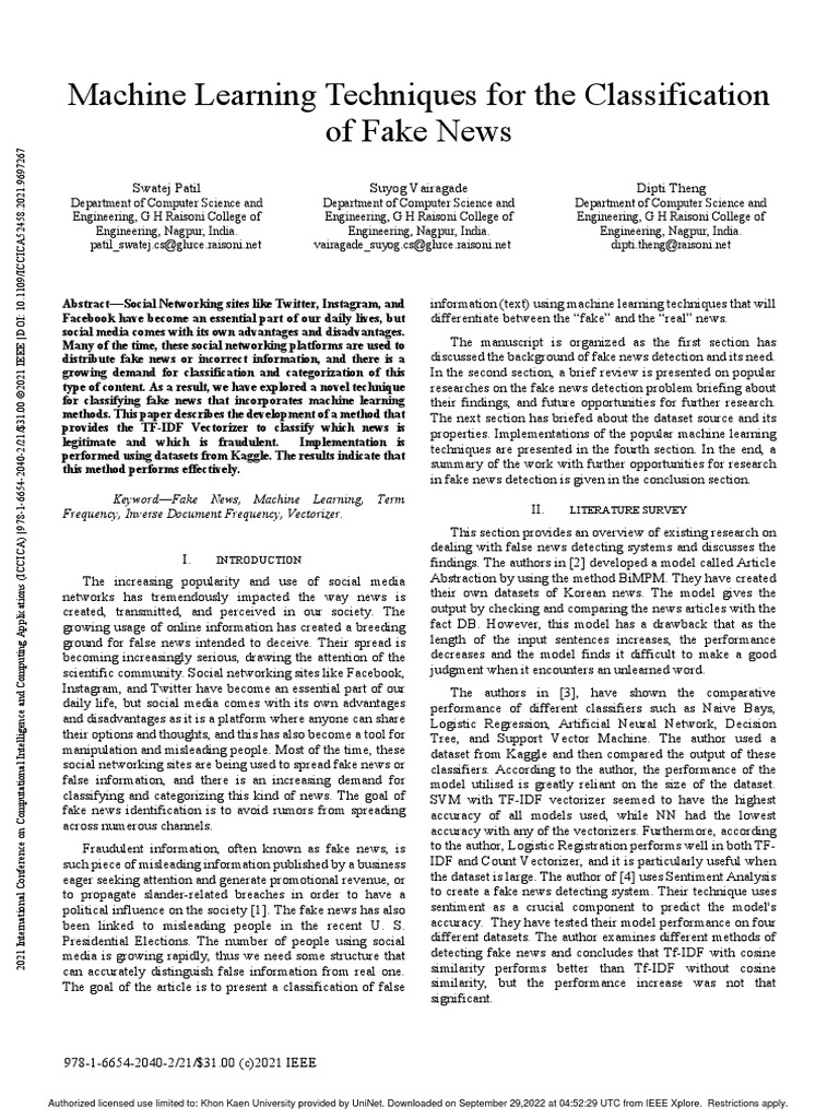 Machine Learning Techniques For The Classification of Fake News | PDF | Cognitive Science ...