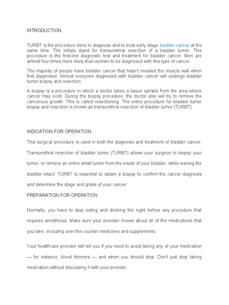 TURBT - Transurethral Resection of Bladder Tumor | PDF | Biopsy | Surgery