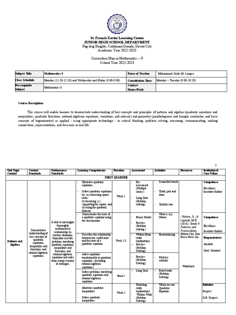 Mathematics 9 Curriculum Map | PDF | Trigonometric Functions ...