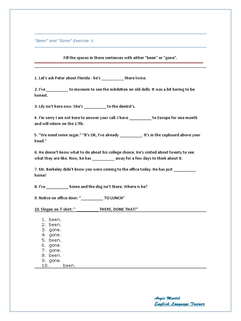 Been vs. Gone Exercise Worksheet | PDF