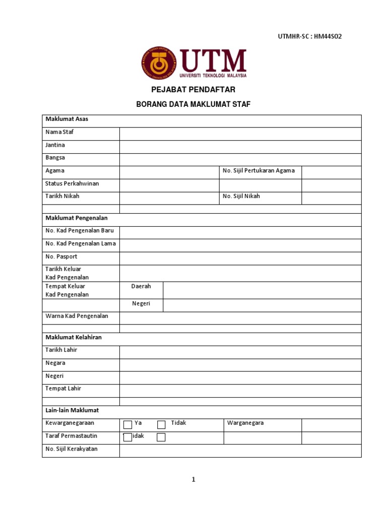 Borang Lapor Diri Staf UTMHR 1 Terkini | PDF