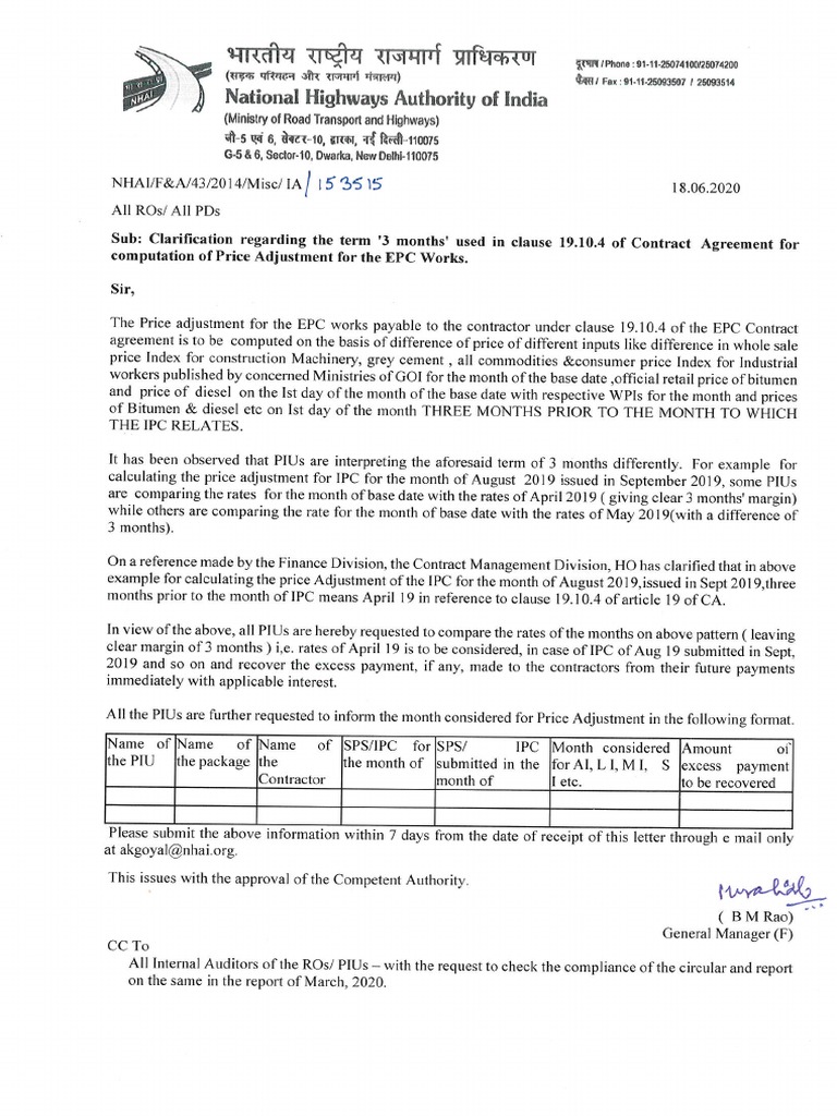 2020-06-18 Reg - Price Adjustment (Circular From NHAI) L No. 153515 | PDF