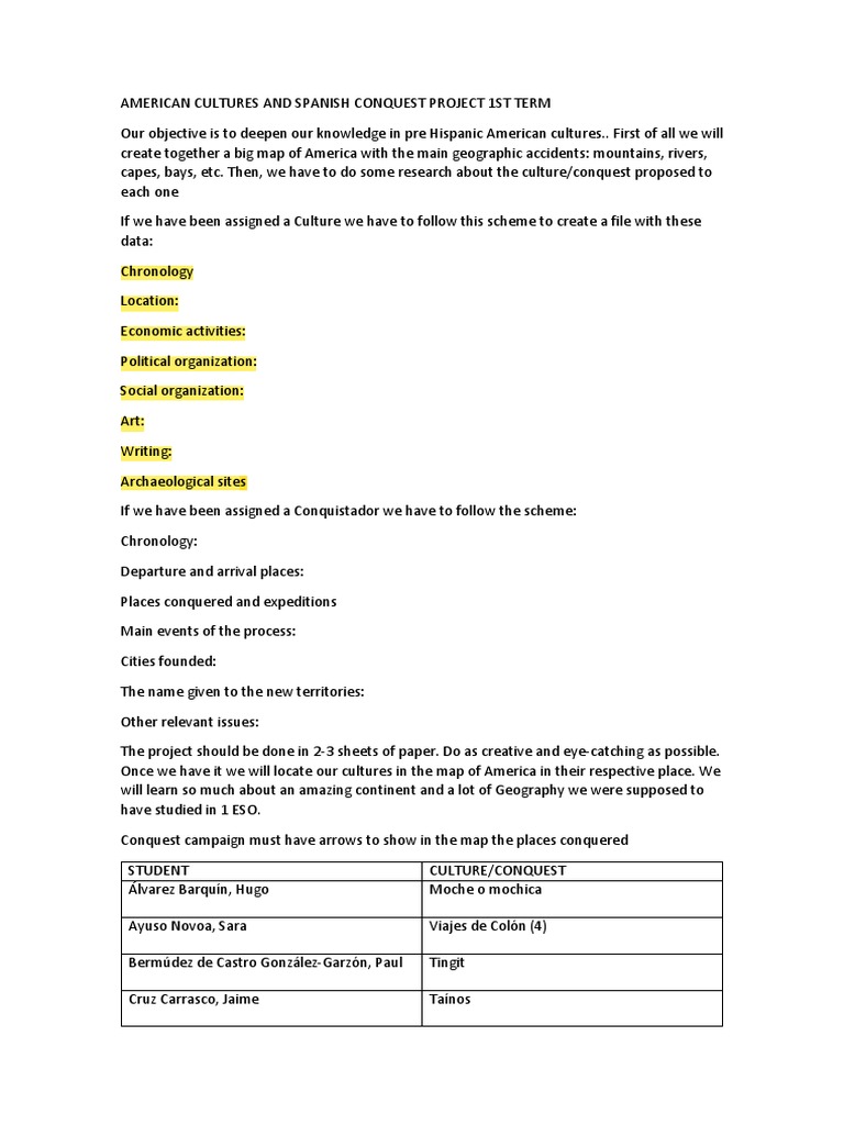 American Cultures and Conquest Project | PDF | Spanish Colonization Of ...