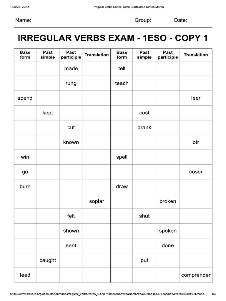 Irregular Verbs Exam. Tests. Bartolomé Sintes Marco | PDF Irregular Verbs Exam. Tests. Bartolomé Sintes Marco | PDF