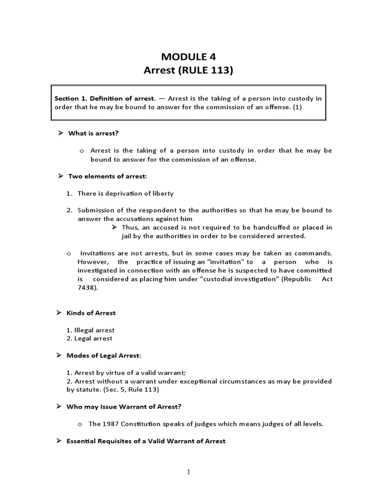 MODULE 4 Arrest | PDF | Arrest | Probable Cause