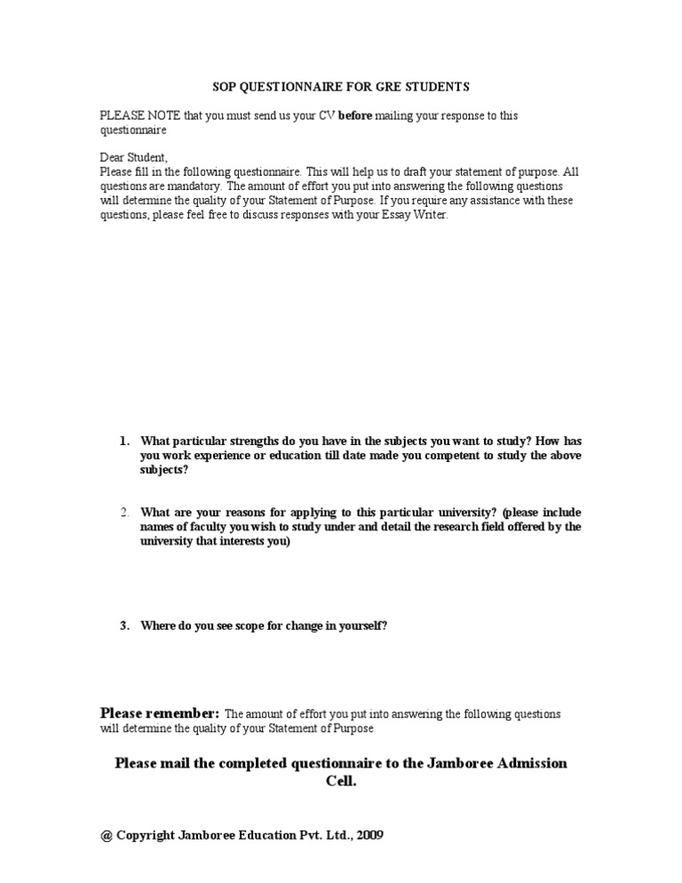 SOP Questionnaire GRE | PDF