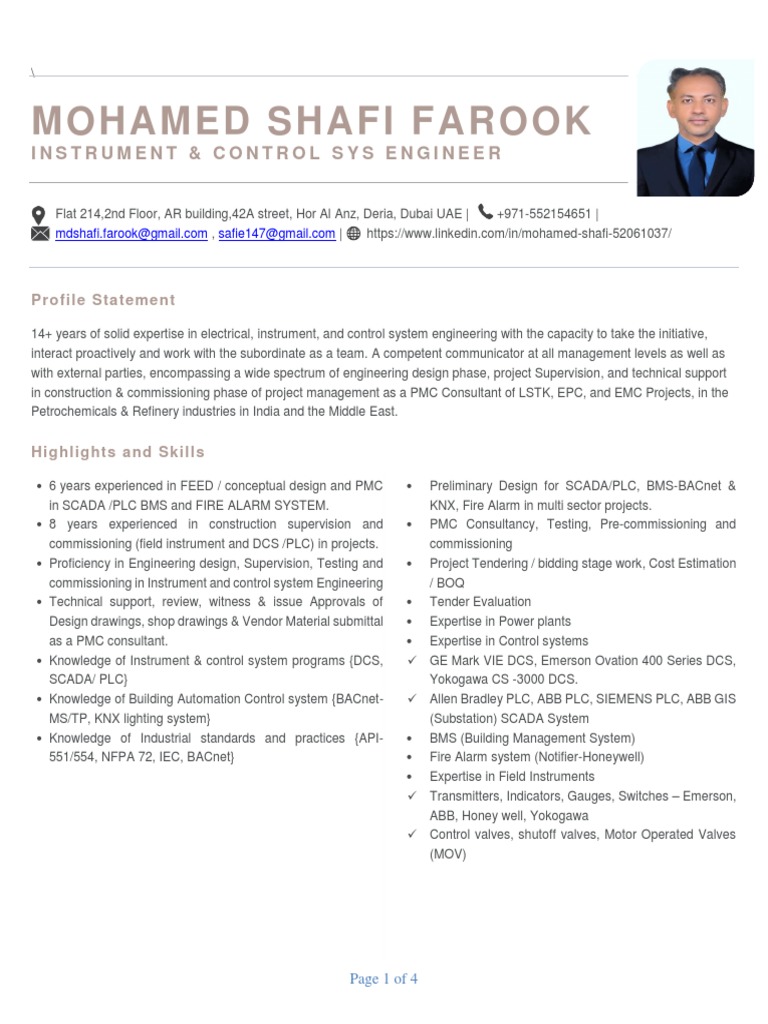 Instrument & Control Engineer Mohamed Shafi Farook | PDF | Thesis | Scada