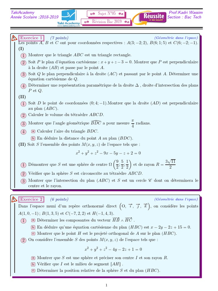 Géométrie dans l'Espace - Bac Tech 2 | PDF | Plan (Géométrie) | Droite ...