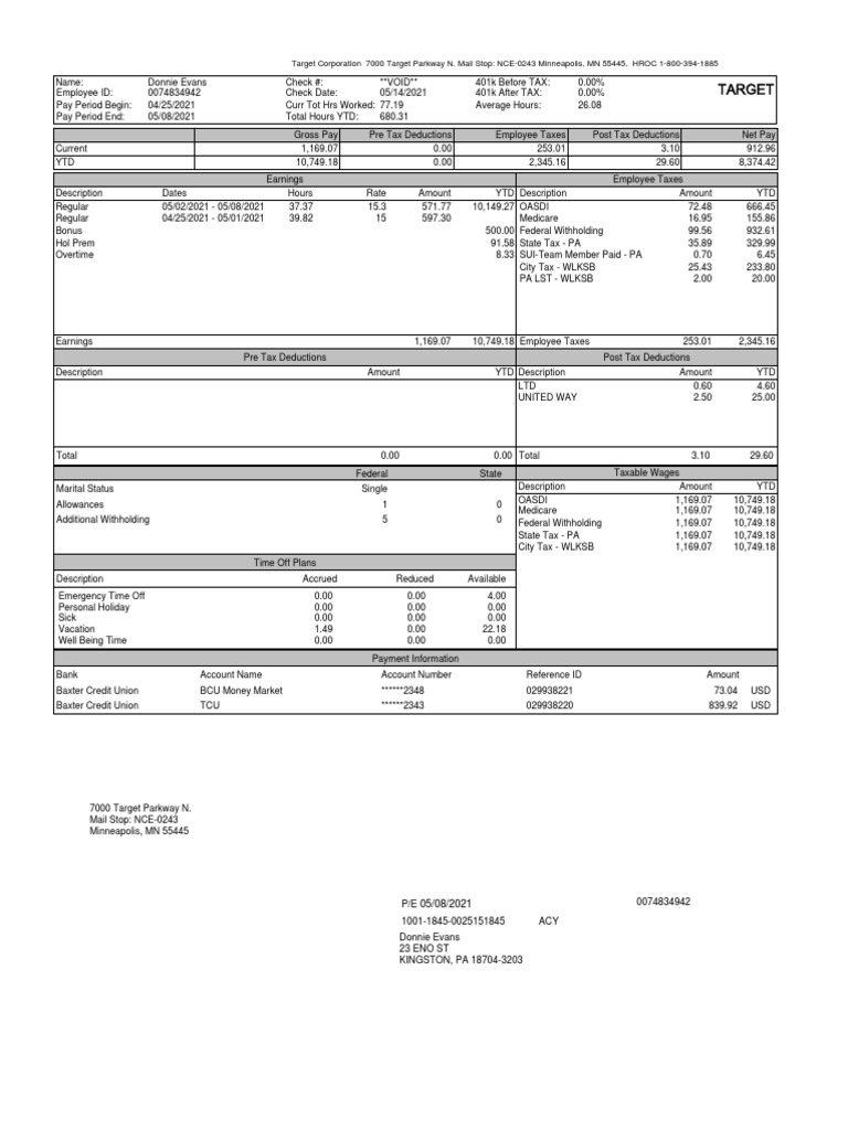 Target Pay Stub Summary for Donnie Evans | PDF | Taxes | Social ...