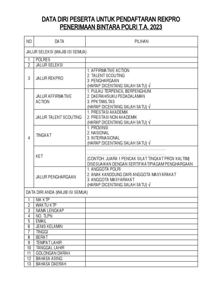 Data Diri Peserta Rekpro Bintara Polri T.A. 2023 | PDF