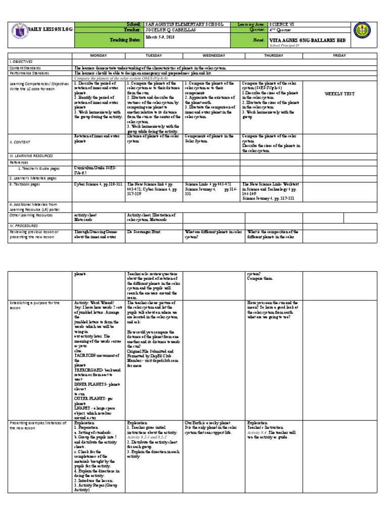 Grade 6 Science Lesson Plan | PDF | Planets | Saturn