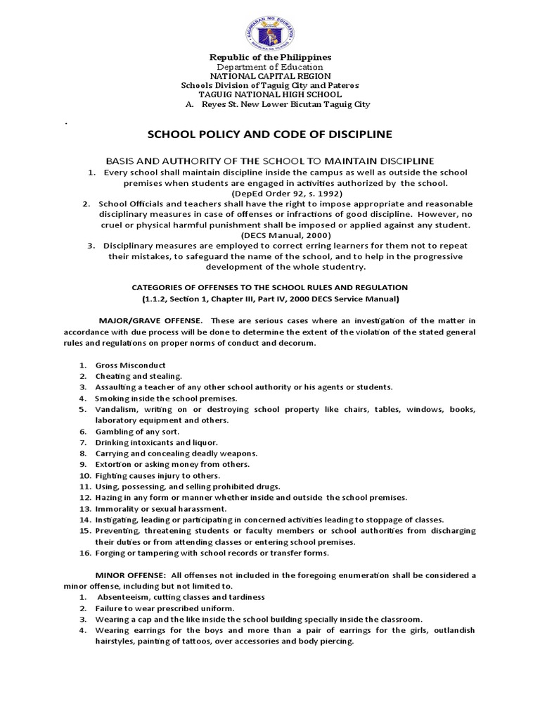 Taguig National High School Discipline Code | PDF | Crimes | Crime ...