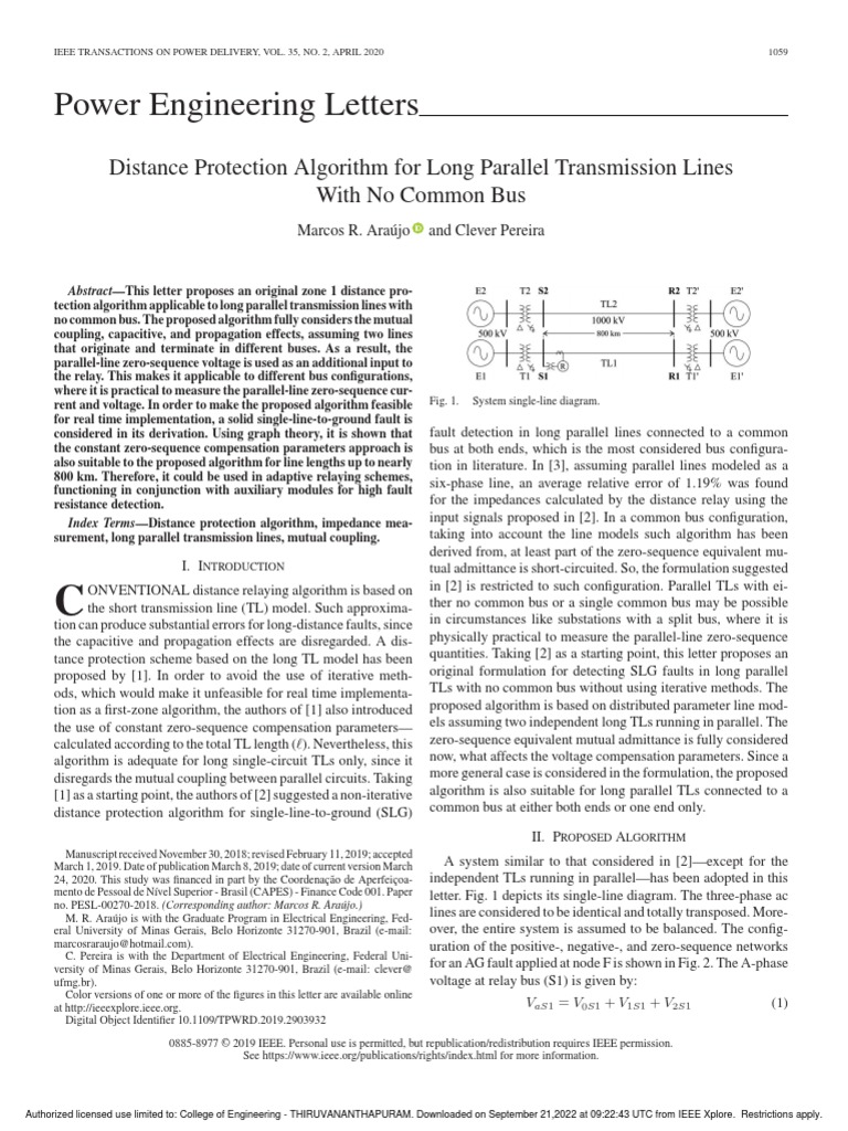 4.distance Protection Algorithm For Long Parallel Transmission Lines With No Common Bus | PDF ...