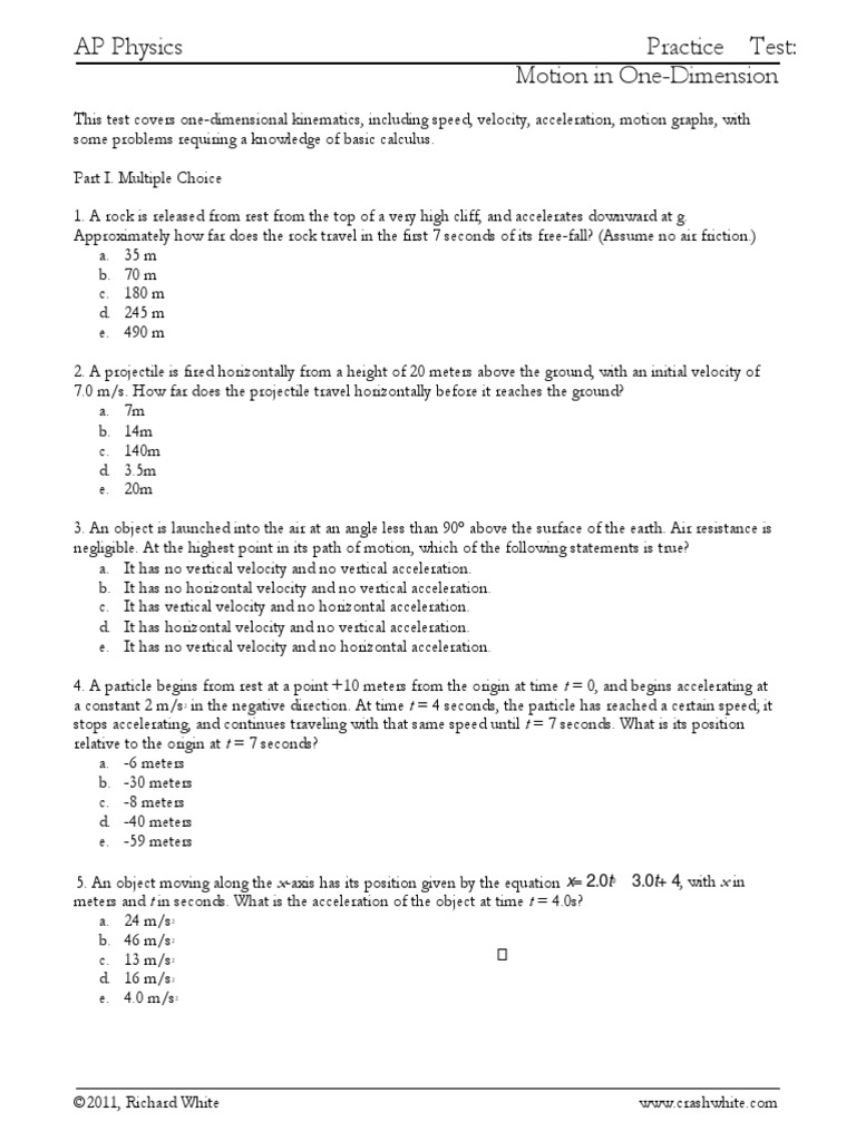 Motion in One Dimension Worksheet 1 | PDF | Acceleration | Velocity