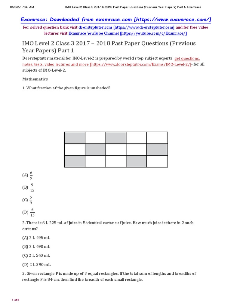 Class 3 IMO Level 2 Past Paper 2017-18 | PDF | Mathematics