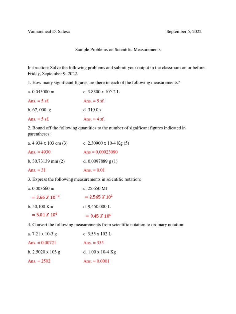 Answer On Sample Problems On Scientific Measurements | PDF | Significant Figures | Metrology