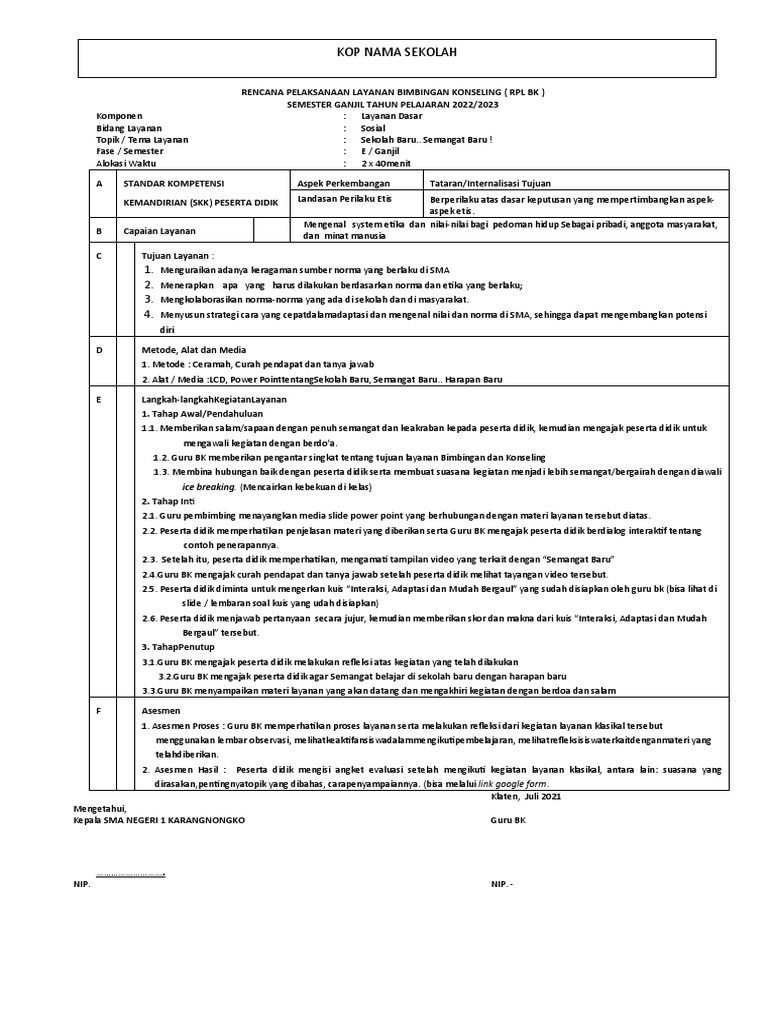 Contoh MODUL AJAR (BK) - SEKOLAH BARU.. SEMANGAT BARU ! | PDF
