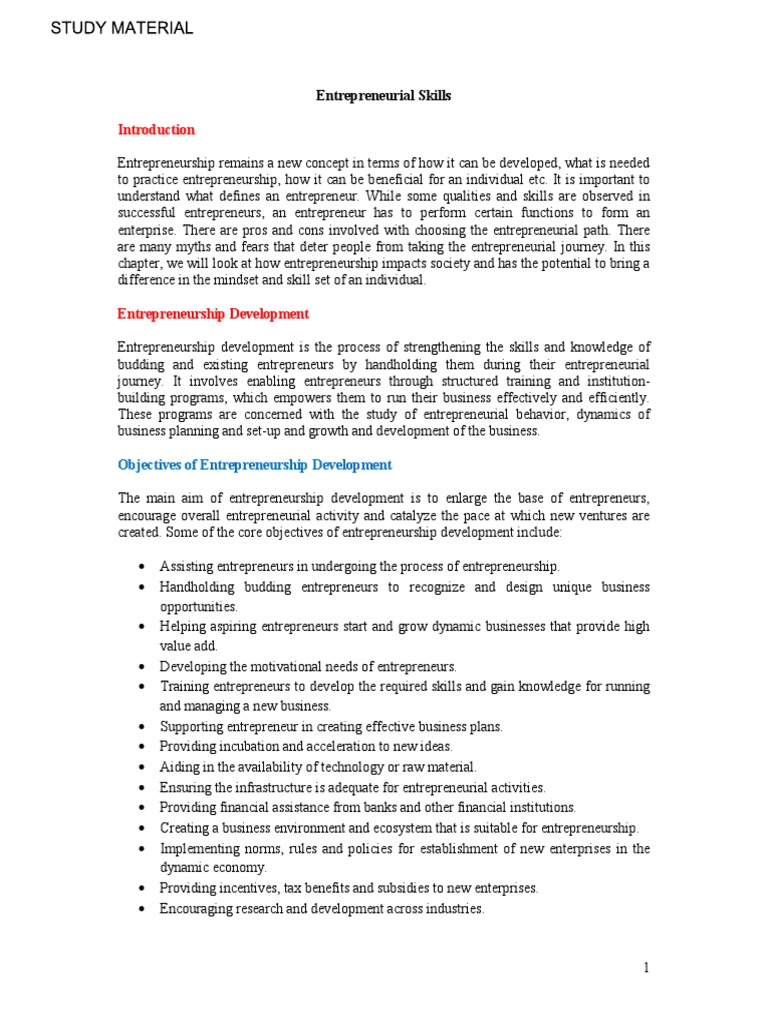 PART A - Entrepreneurial Skills - Notes | PDF
