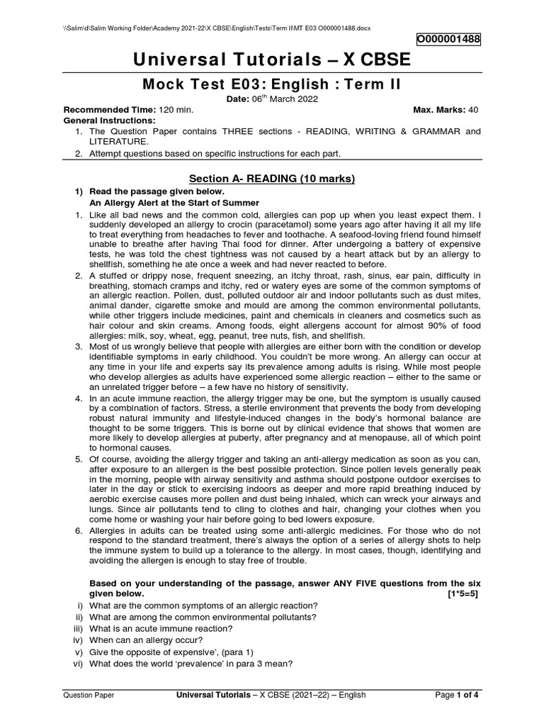 Universal Tutorials - X CBSE: Mock Test E03: English: Term II | PDF ...