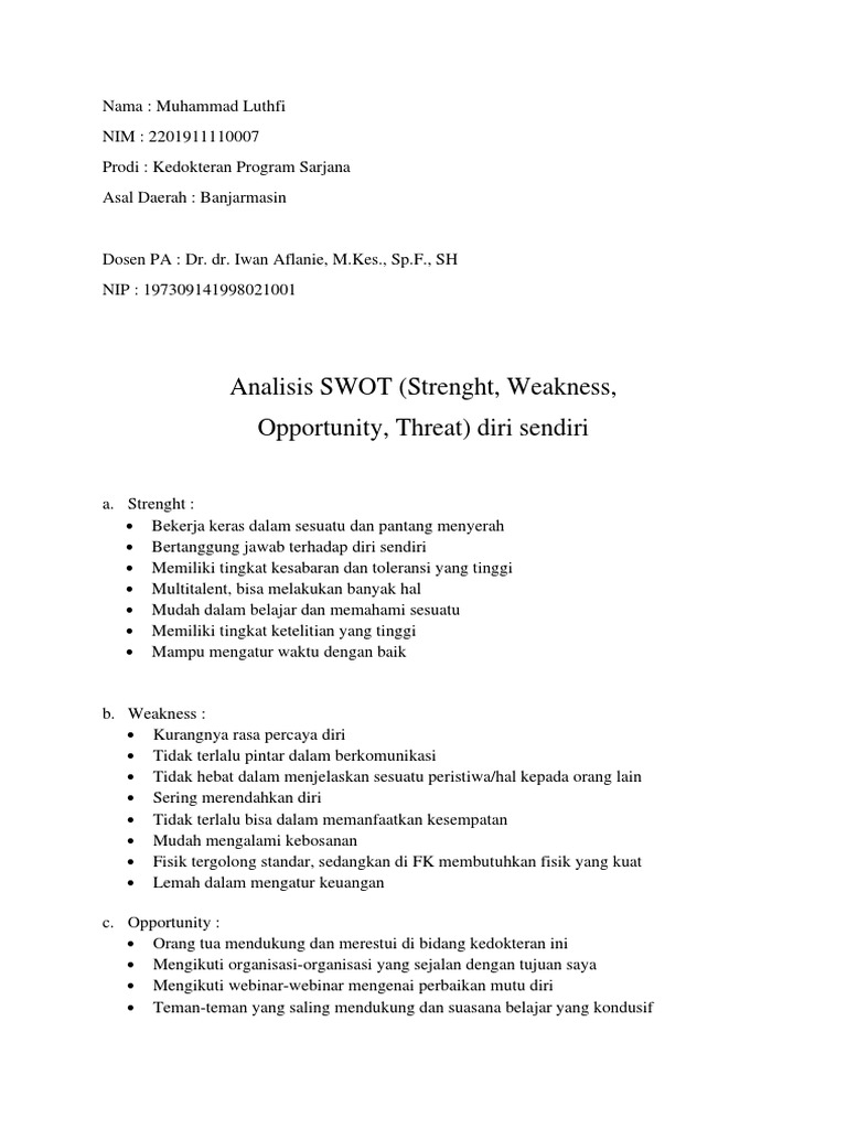 Analisis SWOT Diri | PDF | Karier & Perkembangan | Pengembangan Diri