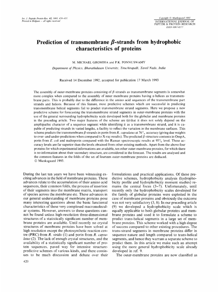 Prediction of Transmembrane P-Strands From Hydrophobic Characteristics ...