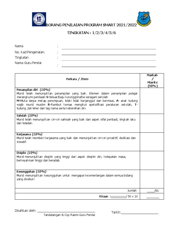Contoh Borang Penilaian Guru DG52 | PDF
