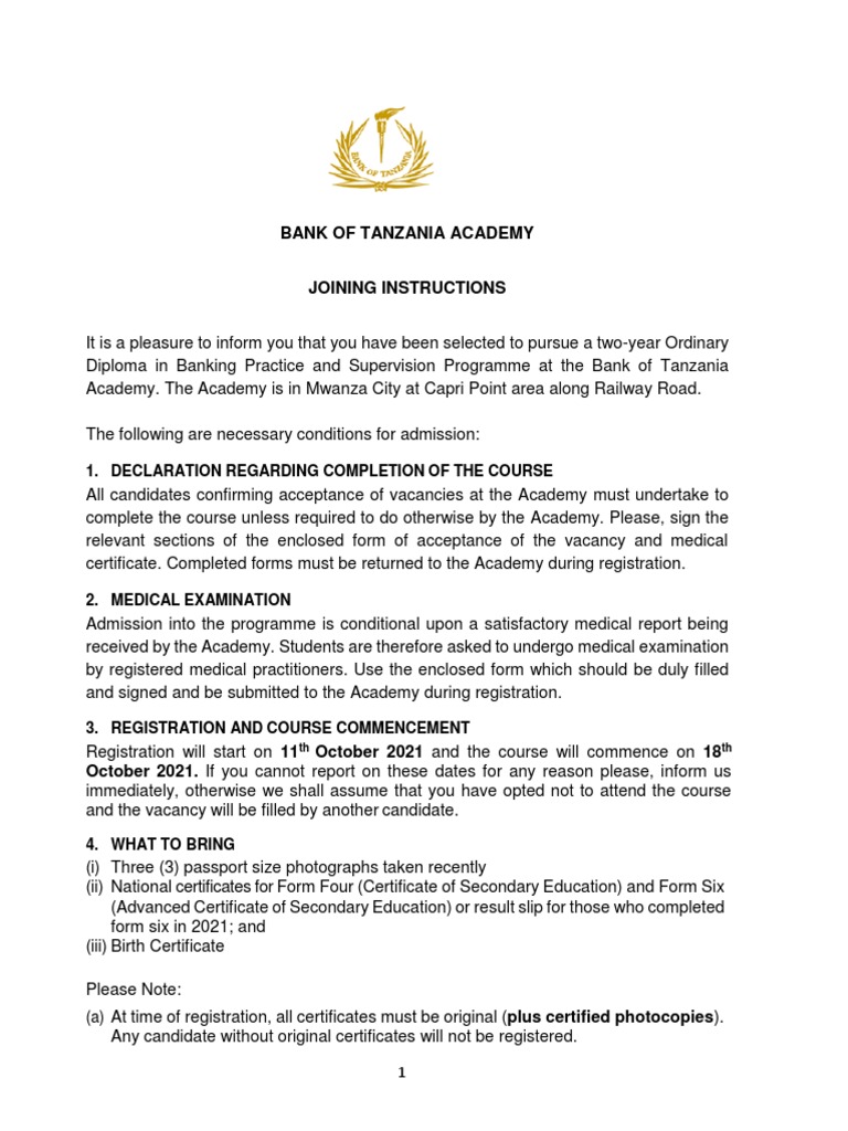 BOT Academy JOINING INSTRUCTIONS | PDF | University And College Admission | Fee