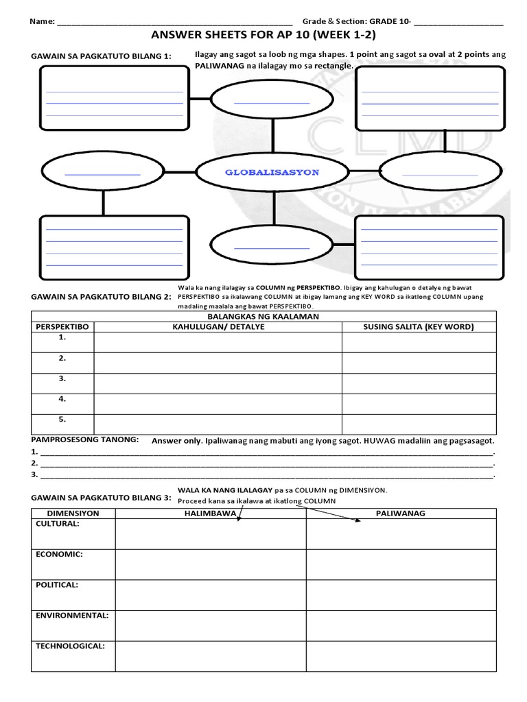 ANSWER SHEETS FOR AP 10 Week 1 4 2ND GRADING | PDF
