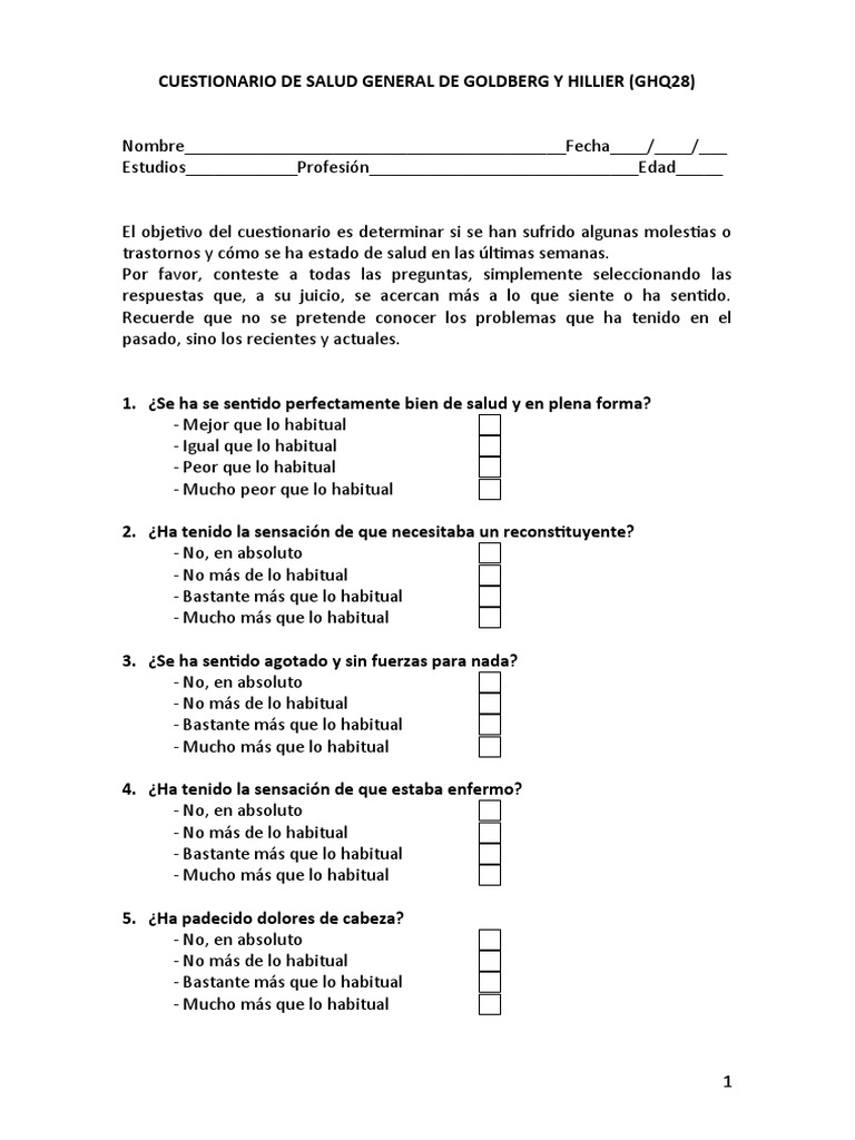 Cuestionario Salud General de GOLDBERG Y HILLIER (GHQ28) | PDF | Sicología