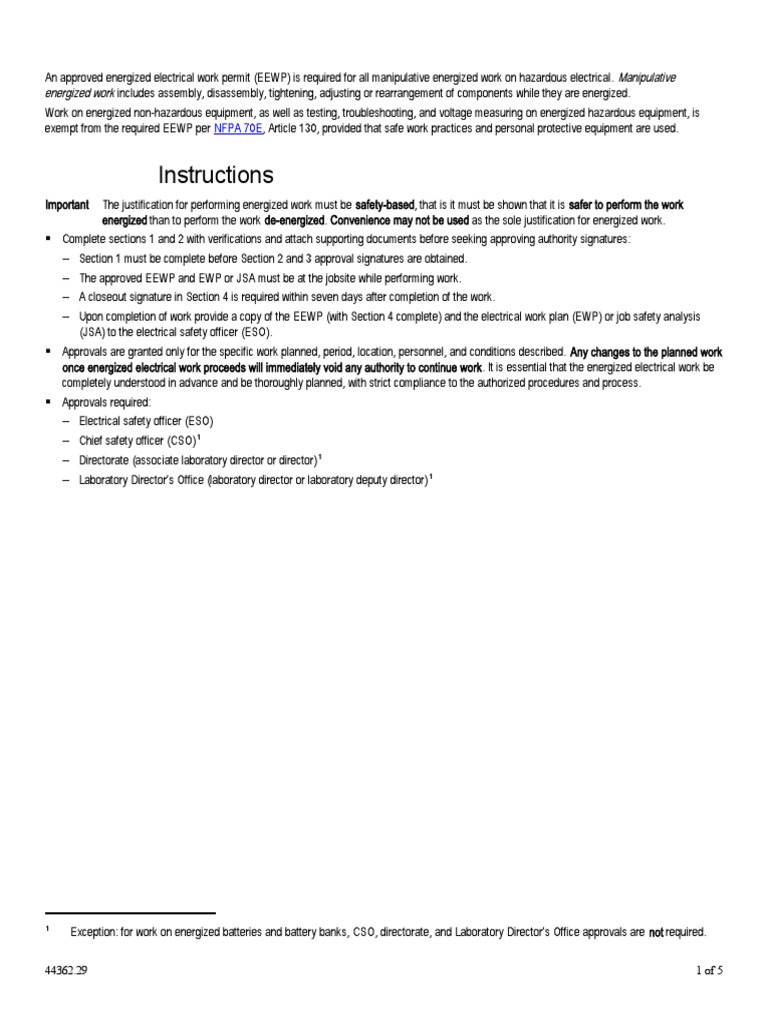 Approved Energized Electrical Work Permit Required | PDF | Safety ...