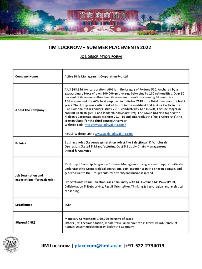 Aditya Birla Group - Job Description - Summers 2022 | PDF | Business ...