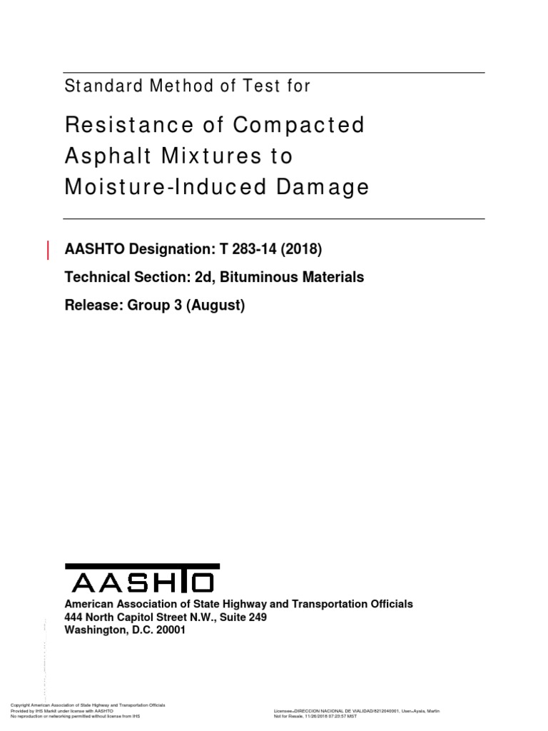AASHTO T283-14 (2018) - Resistance of Compacted Asphalt Mixtures To ...