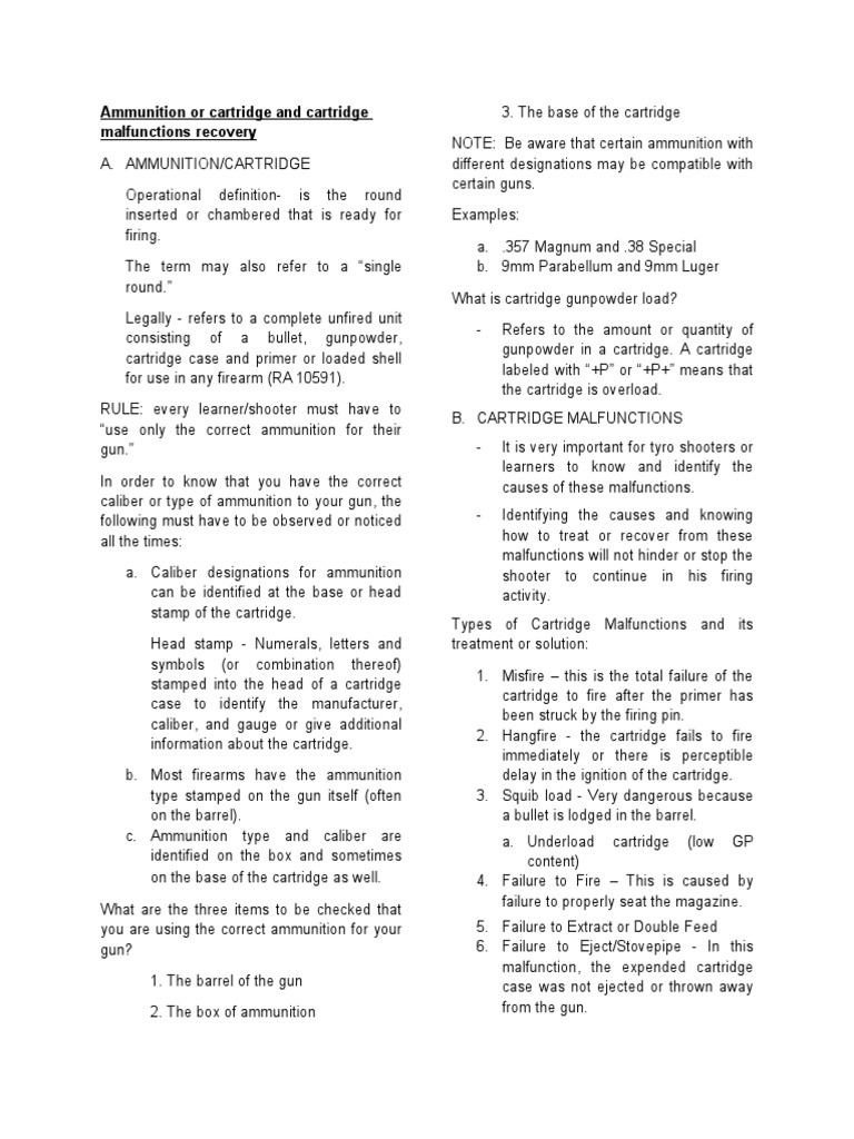 Ammunition or Cartridge and Cartridge Malfunctions Recovery | PDF ...