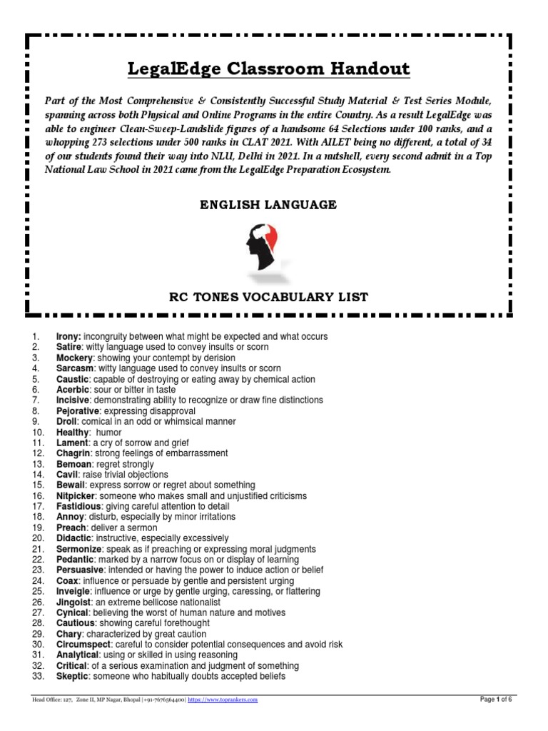 RC Tones Vocabulary List | PDF | Humour | Irony