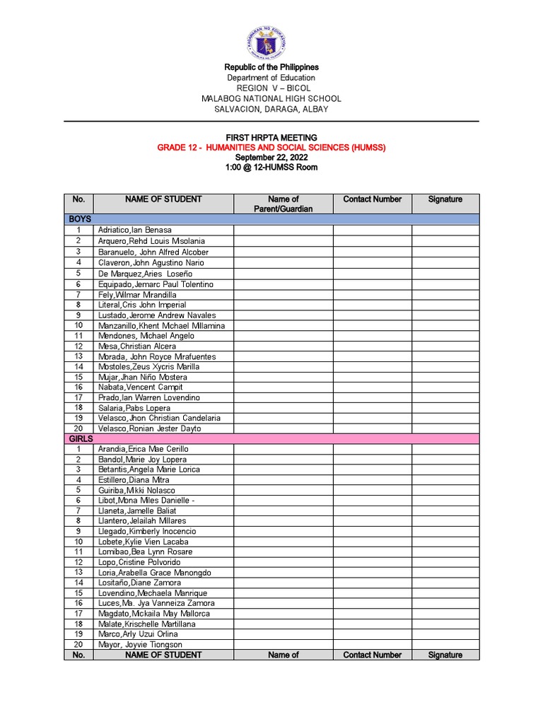 Attendance Sheet For HRPTA | PDF