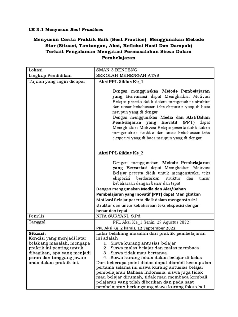Contoh LK 3.1 Menyusun Best Practice | PDF | Karier & Perkembangan