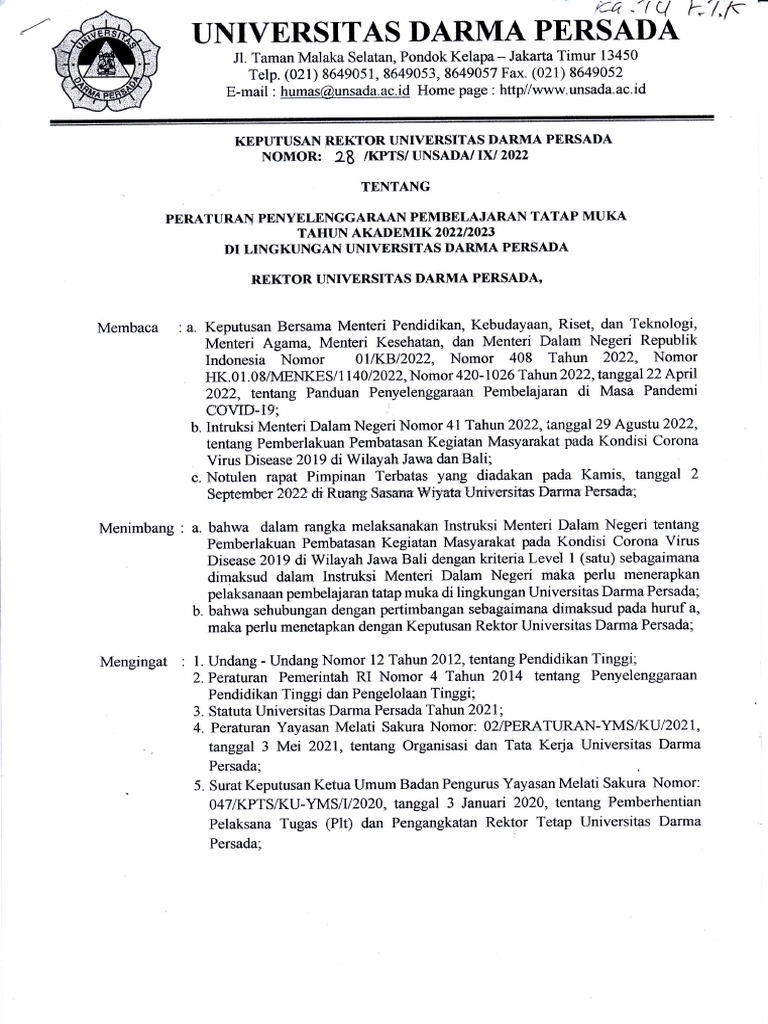 SKEP No 28 Tahun 2022 Kuliah Tatap Muka SM Ganjil | PDF