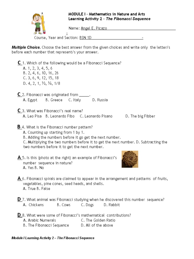 Module I Learning Activity 2 The Fibonacci Sequence Pdf Numbers Arithmetic