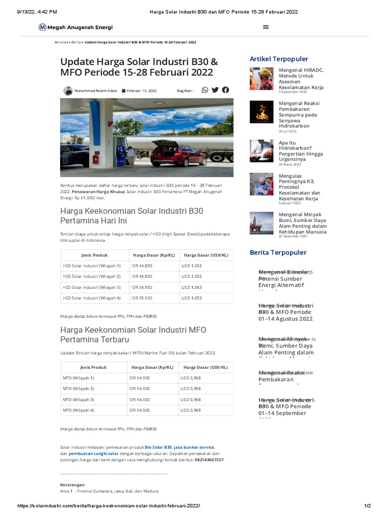 Harga Solar Industri B30 Dan MFO Periode 15-28 Februari 2022 | PDF
