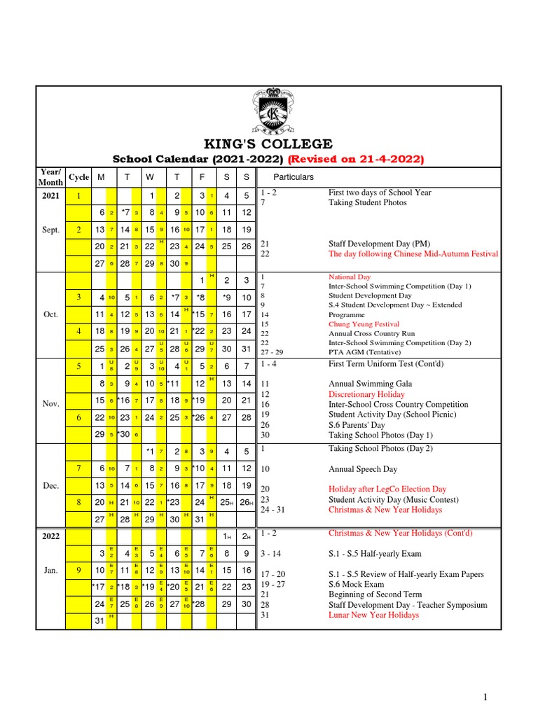 King's College 2021-2022 School Calendar | PDF