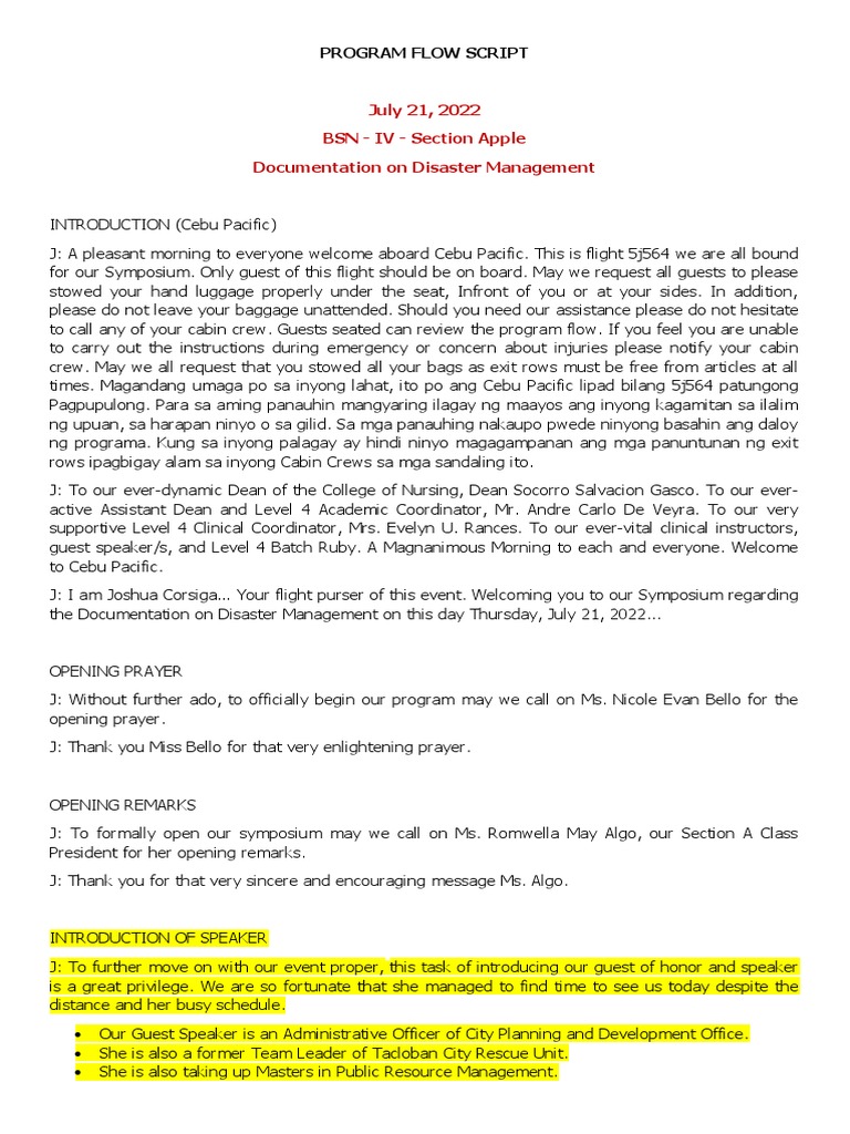 Emcee Script July 21 Section A | PDF | Emergency Management