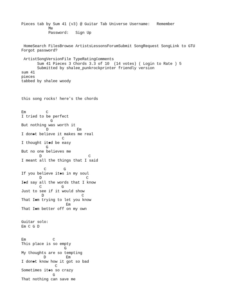 Sum 41 "Pieces" Guitar Chords Tab | PDF