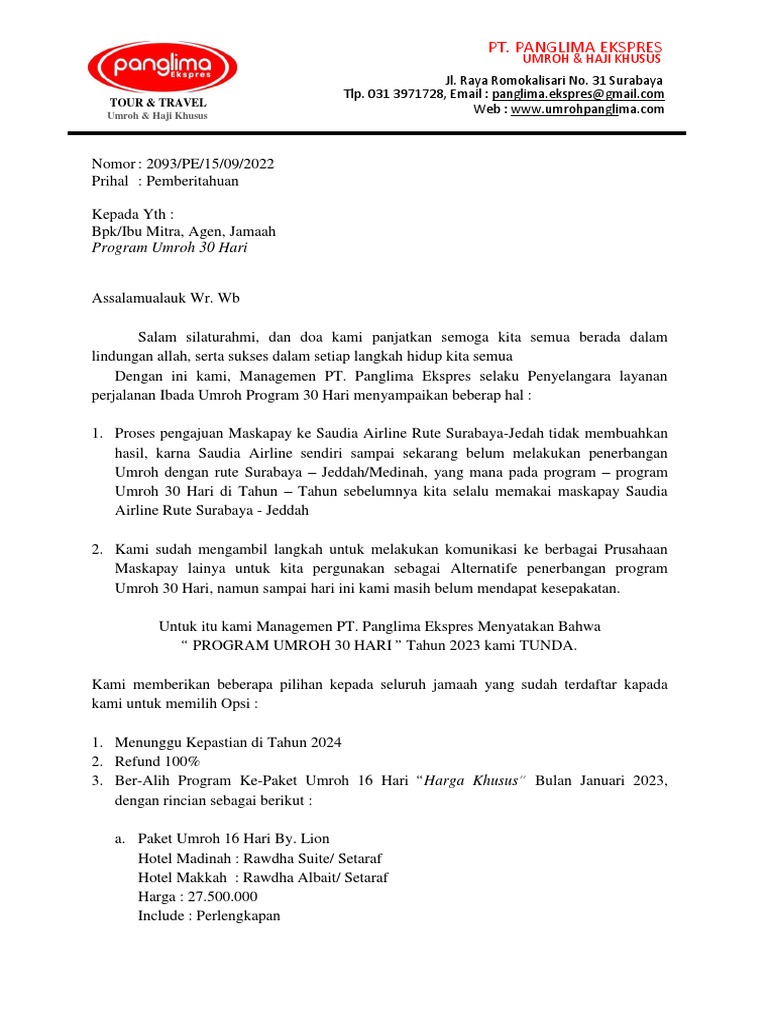 Penundaan Program Umroh 30 Hari 2023 | PDF