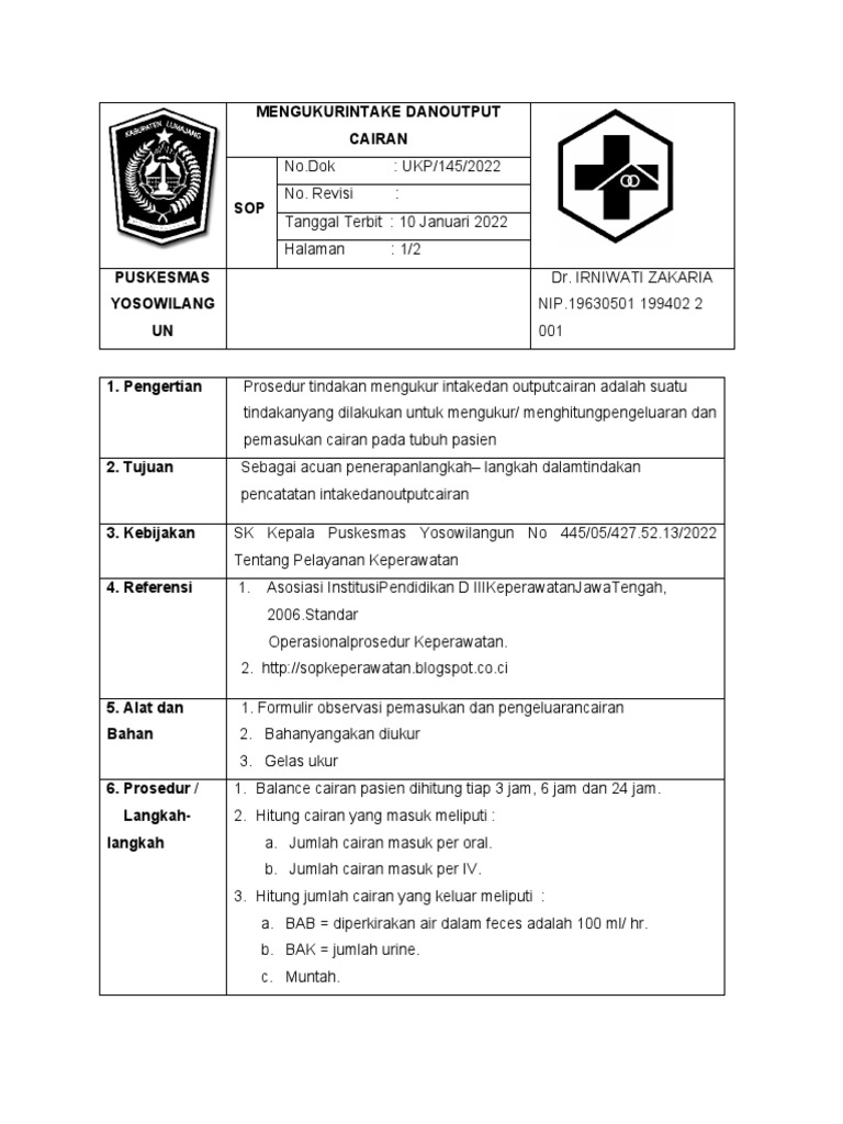 SOP Mengukur Intake Dan Output Cairan (Titin N) | PDF