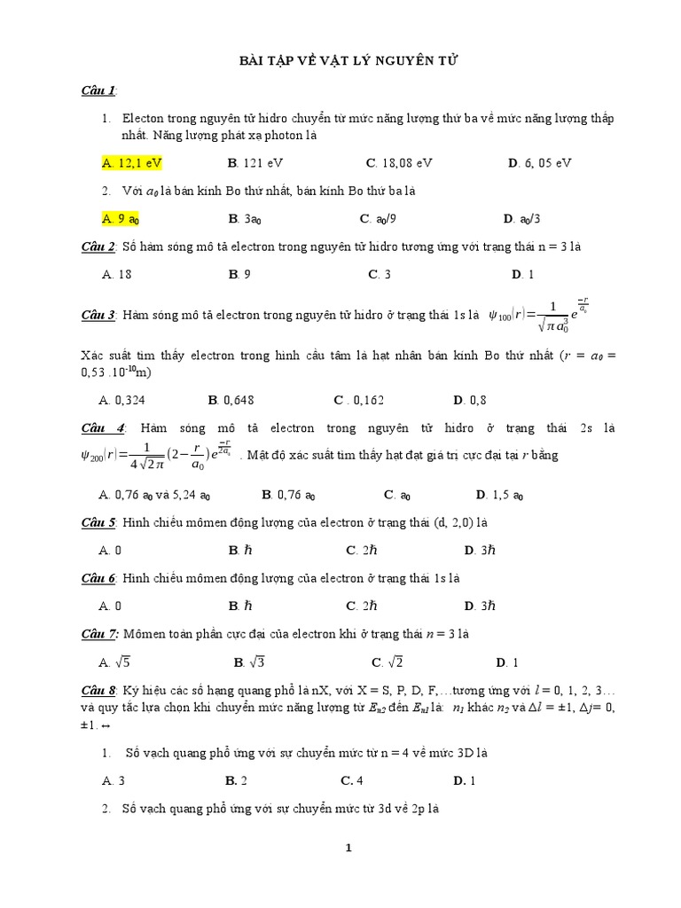 Bai Tap Vat Ly Nguyen Tu | PDF