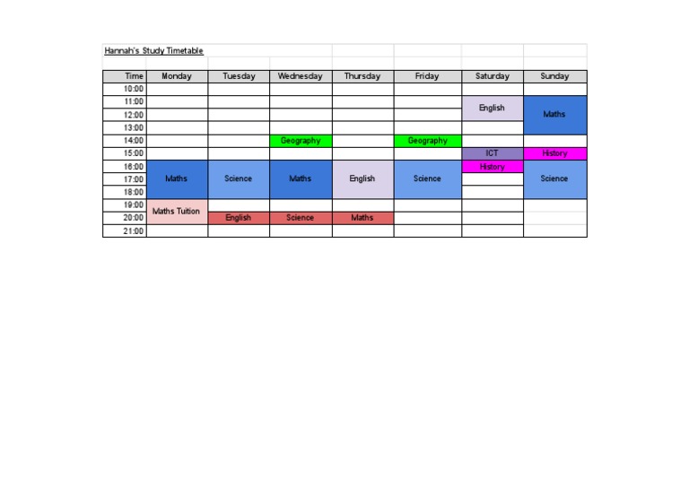 Study Timetable Hannah - Sheet1 | PDF